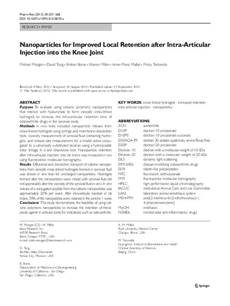 Pdf Nanoparticles For Improved Local Retention After Intra Articular Injection Into The Knee Joint