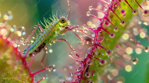 A Macro Photo Of A Small Green Insect With Long Legs On A Pink And