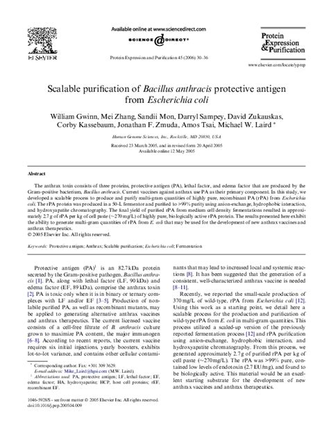 Pdf Scalable Purification Of Bacillus Anthracis Protective Antigen From Escherichia Coli