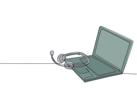 One Single Line Drawing Of Headphone With Microphone And Laptop On The Work Desk As Call Center