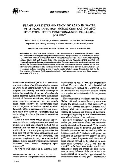 Pdf Flame Aas Determination Of Lead In Water With Flow Injection Preconcentration And
