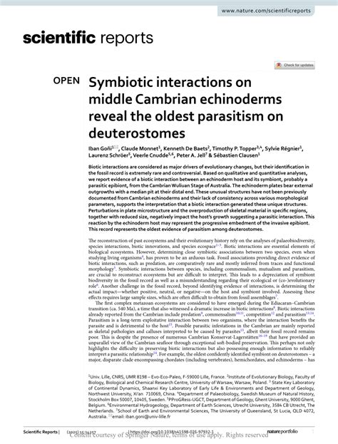 Pdf Symbiotic Interactions On Middle Cambrian Echinoderms Reveal The