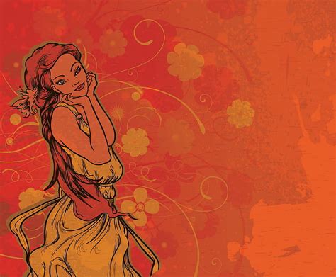 그런 지 꽃 배경 벡터와 빈티지 여자 Eps Ai Uidownload