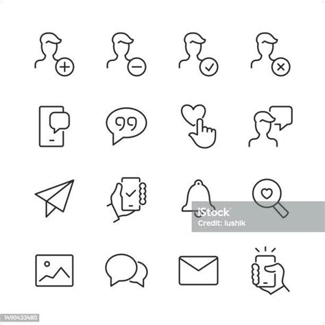 소셜 미디어 픽셀 퍼펙트 라인 아이콘 세트 편집 가능한 획 무게 brand name online messaging