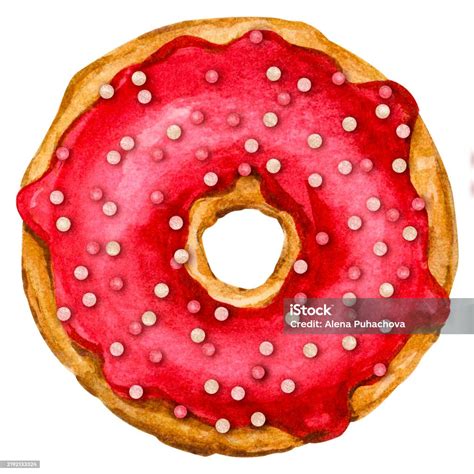 빨간 아이싱을 곁들인 도넛 발렌타인 데이 생일을위한 달콤한 디저트 카드 인사말 메뉴 등을 위한 디자인 요소 흰색 배경에 고립 된 수채화 그림 건강에 좋지 않은 음식에 대한