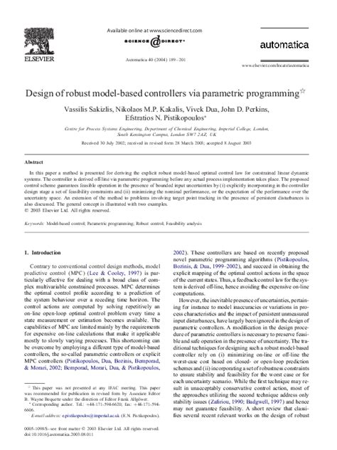 Pdf Design Of Robust Model Based Controllers Via Parametric Programming
