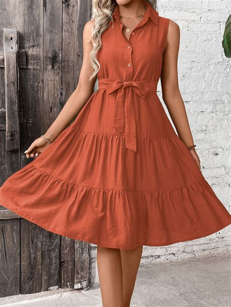 Shein Vcay Vestido Camisa Bainha Com Babado Com Cinto Clothes For