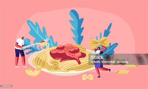 거대한 접시에서 맛있는 소스와 스파게티 파스타를 먹는 남성과 여성 캐릭터 주위에 다양한 종류의 드라이 마카로니와 함께 이탈리아 요리 건강 한 음식 메뉴 만화 플랫 벡터