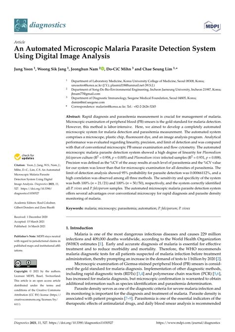 PDF An Automated Microscopic Malaria Parasite Detection System Using Digital Image Analysis