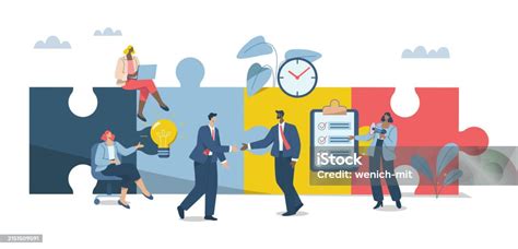 팀워크의 상징 효과적인 팀워크 사업가들이 조화를 이루며 직소 퍼즐을 완성하기 위해 협력합니다 일정 경력 개발 개념 벡터 디자인 일러스트레이션에 대한 작업 지그소 퍼즐에 대한