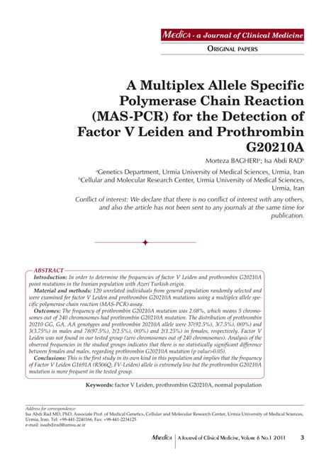 Pdf A Multiplex Allele Specific Polymerase Chain Reaction Mas Pcr For The Detection Of