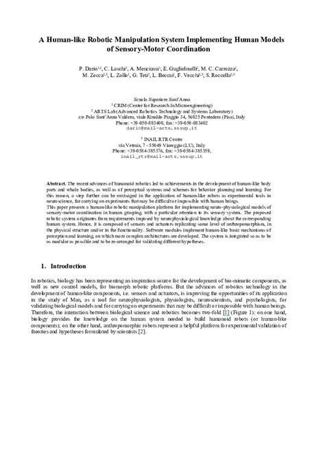 Pdf A Human Like Robotic Manipulation System Implementing Human Models Of Sensory Motor