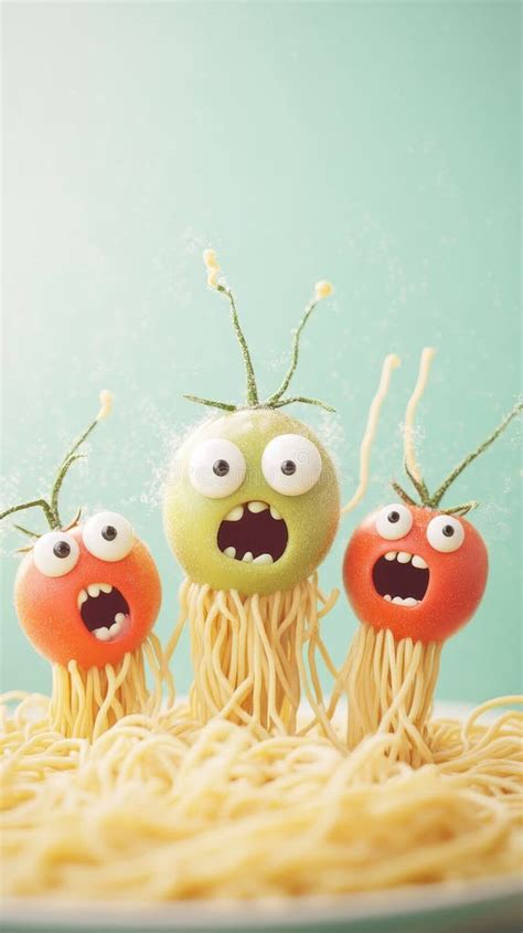 Funny Spaghetti Characters With Tomato And Olive Faces Stock Illustration Illustration Of