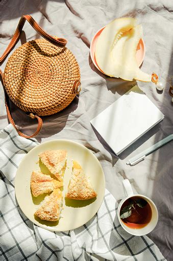 차 과일 및 파이가있는 담요에서 여름 피크닉 고리 버들 가방과 노트북 밝은 녹색 여름 분위기 영감 과일에 대한 스톡 사진 및 기타 이미지 Istock