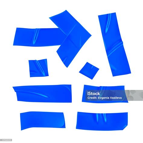 블루 덕트 테이프 세트 흰색 배경에 격리 된 고정을위한 사실적인 파란색 접착 테이프 조각 화살표와 종이 붙어 사실적인 3d 벡터 일러스트레이션 3차원 형태에 대한 스톡 벡터