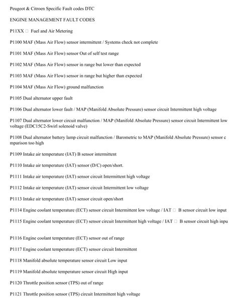 Peugeot Fault Codes Dtc
