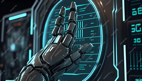 로봇 손의 집게 손가락이 컴퓨터 대시보드를 탭합니다 가상 세계에서 Generative Ai는 바이오닉 기술을 사용합니다 프리미엄 사진