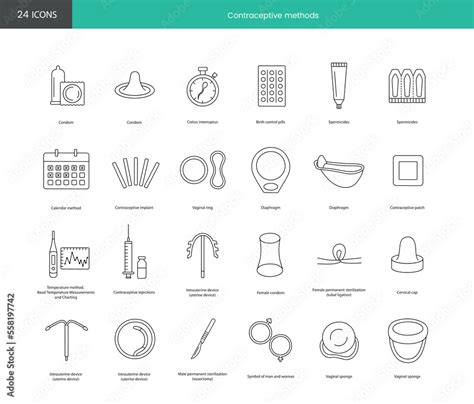 Methods Of Contraception From Pregnancy Icon Line In Vector Illustration Vaginal Sponge And