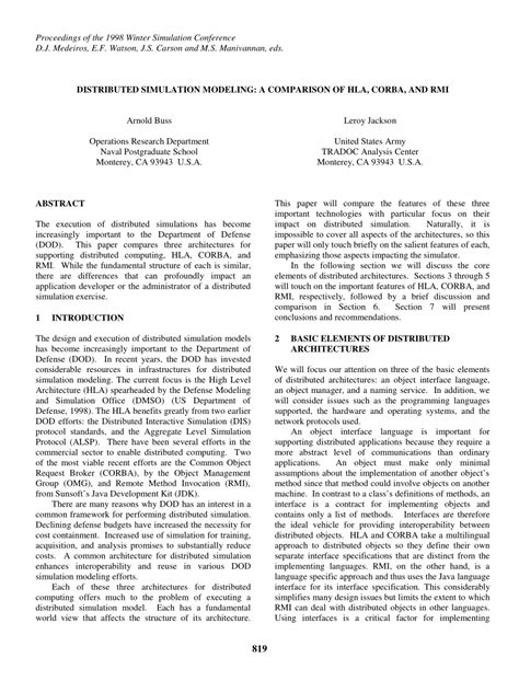 Pdf Distributed Simulation Modeling A Comparison Of Hla Corba And Rmi