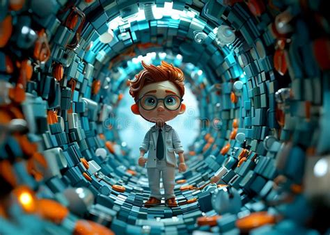 A Curious Young Scientist Explores A Vibrant Corridor Of Data Within A Futuristic Lab Stock