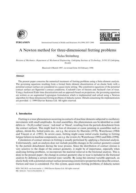 Pdf A Newton Method For Three Dimensional Fretting Problems