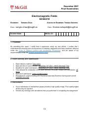 ECSE310 Final 1 Pdf December 2021 Final Examination Electromagnetic Fields ECSE310 EXAMINER