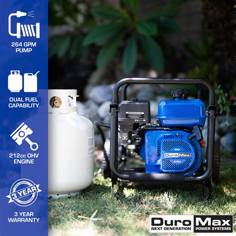 Duromax 3in Dual Fuel Water Pump Max Flow 264 Gpm Engine