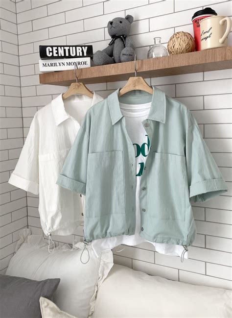 여성 카라 5부 포켓 허리 밴딩 스트링 숏 크롭 반팔 셔츠 남방 여름 자켓 민트 흰색 에이블리