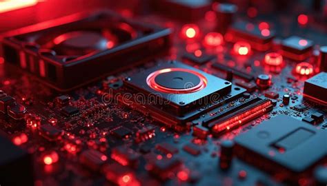 Close Up Of Red Lit Computer Motherboard Electronic Components Cpu