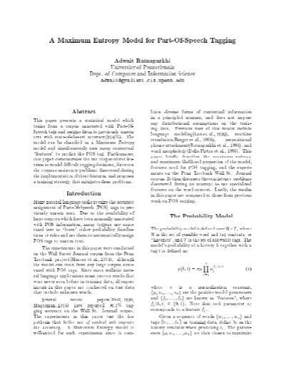 A Maximum Entropy Model For Part Of Speech Tagging