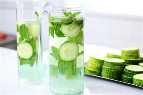 Premium Ai Image Detail Of Cucumber And Mint Pieces Floating In A Water Pitcher