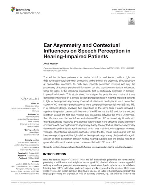 Pdf Ear Asymmetry And Contextual Influences On Speech Perception In