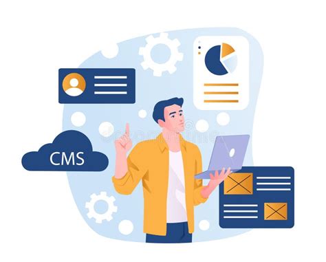 Cms System Concept With Man And Laptop Vector Illustration Stock Illustration Illustration Of