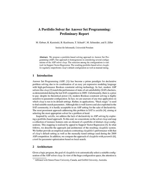 A Portfolio Solver For Answer Set Programming Preliminary Report Gebser R Kaminski B