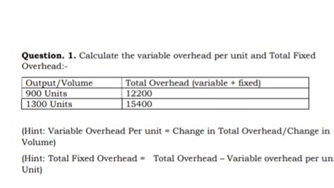 Question 1 Calculate The Variable Overhead Per Unit And Total Fixed Ove Question 1 Calculate The Variable Overhead Per Unit And Total Fixed Ove