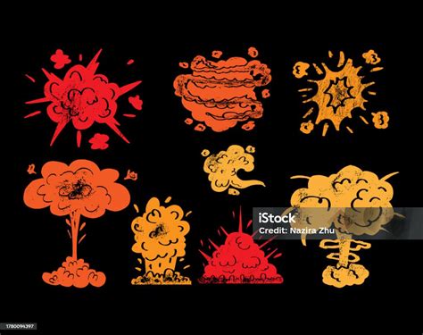 폭탄 폭발 구름 벡터 일러스트 레이 션 Ui 게임 디자인을 위한 카툰 붐 효과 및 연기 요소 다이너마이트 위험 폭발 폭발 원자 조각 잉크 스타일 세트 구름 뇌관 검은색에