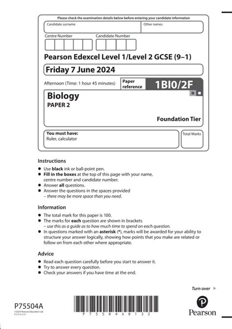 Pearson Edexcel Level 1 Level 2 Gcse 9 1 Biology Paper 2 Foundation Tier June 2024 Question