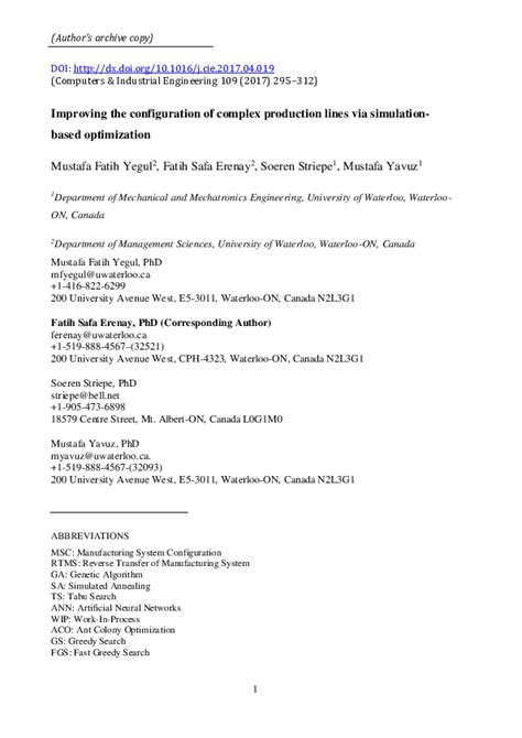 Pdf Improving The Configuration Of Complex Production Lines Via Simulation Based Optimization