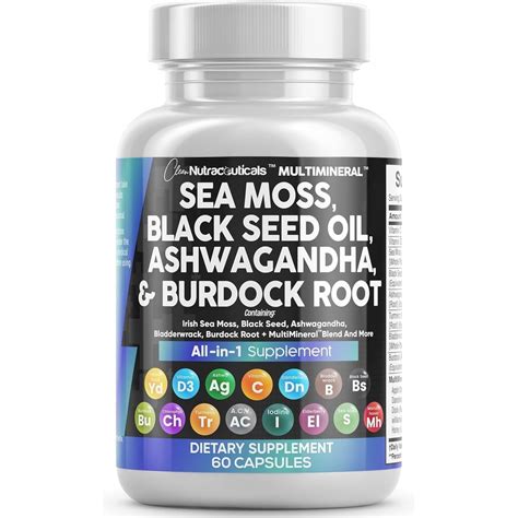 Clean Nutraceuticals Marine Moss Black Seed Oil Ashwagandha Turmeric Burdock Bladder And Vitamin