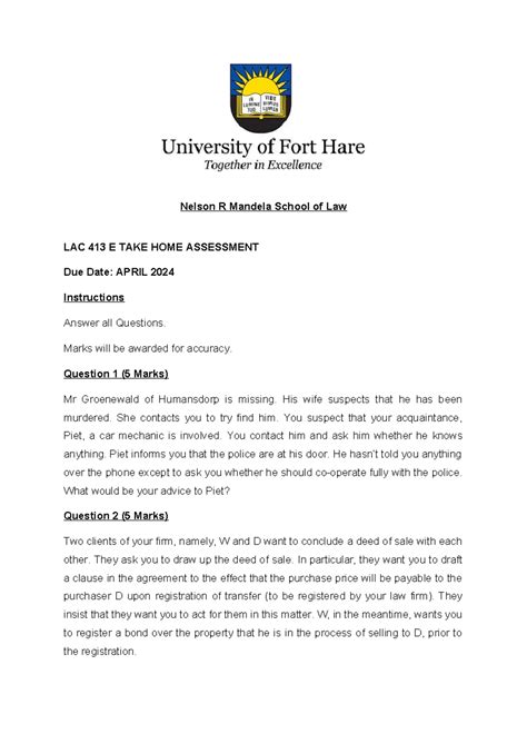 Lac Take Home Assessment April 2024 Nelson R Mandela School Of Law