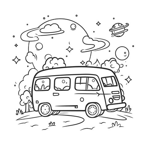 하늘 윤곽선 스케치 드로잉에 별이 있는 빈티지 밴을 특징으로 하는 성인 색칠 페이지 벡터 여행 그림 여행 개요 여행 스케치 Png 일러스트 및 벡터 에 대한 무료