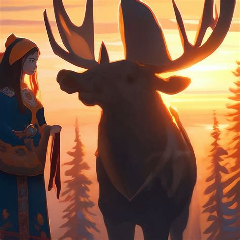 On A Dark Moose A Woman In A Russian Folk Costume — Image Created In