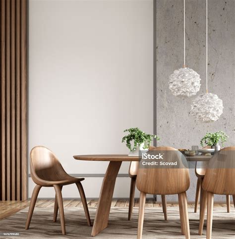 현대적인 식사 공간 식탁 콘크리트 벽이 있는 방의 나무 의자 내부 홈 디자인 3d 렌더링 디자인 전문가에 대한 스톡 사진 및