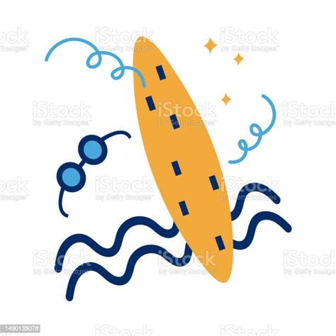 해변 휴가 여름 그림입니다 바다 파도 서핑보드 안경 휴식 스포츠 해변 파티 여름 아이콘 템플릿 로고 디자인 요소입니다 포스터 배너 엽서용 손으로 그렸습니다 벡터 그림