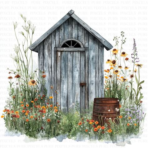 Watercolor Rustic Outhouse With Flowers Clipart 5 High Quality S