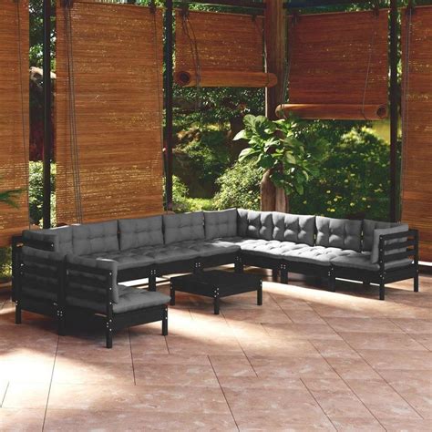 11 Piece Garden Lounge Set With Cushions Black Solid Pinewood Vidaxl