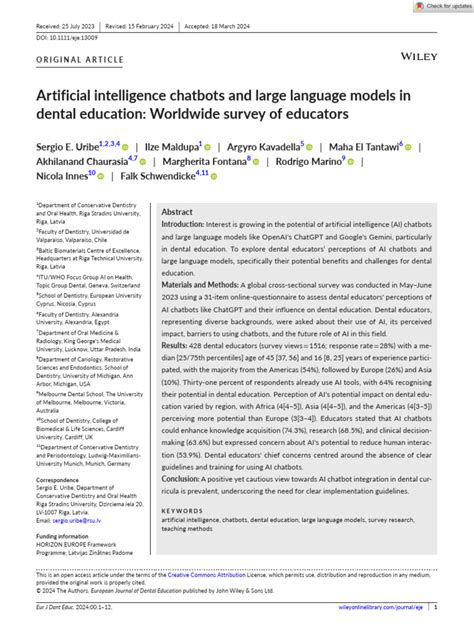 eur j dental education 2024 uribe artificial intelligence chatbots and large language
