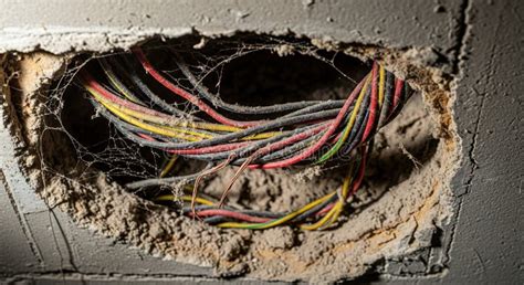 Exposed Multi Colored Wires In Concrete Wall Rough Hole Surface