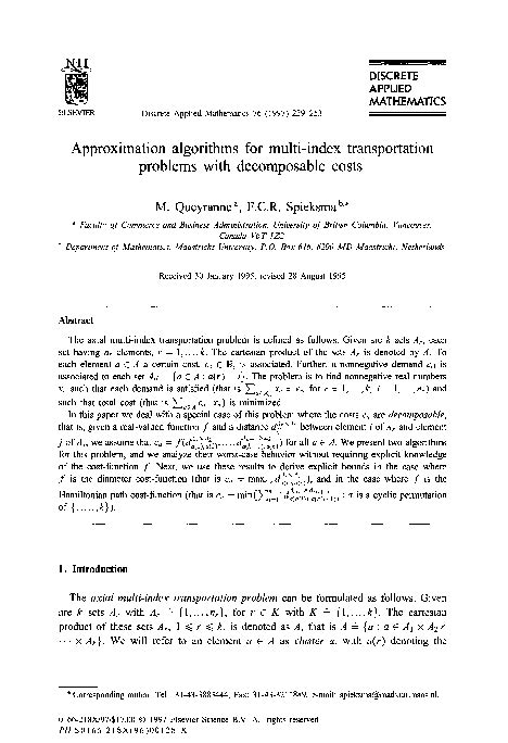 Pdf Approximation Algorithms For Multi Index Transportation Problems With Decomposable Costs