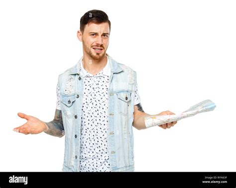 Man With A Map Front View Isolated On White Background A Tourist Who Cannot Find His Way